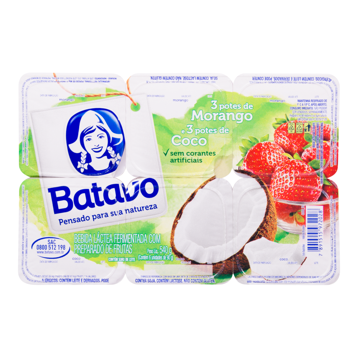 Bebida Láctea Fermentada Morango e Coco Batavo Bandeja 540g 6 Unidades ...