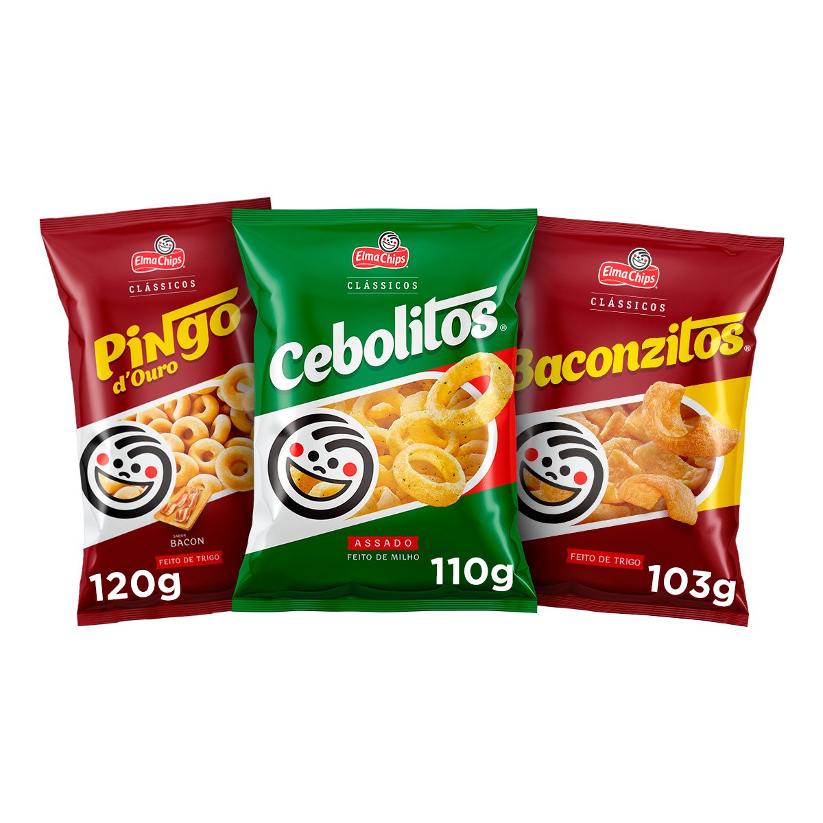 Kit Elma Chips Baconzitos 103g + Cebolitos 110g + Pingo D Ouro Bacon ...